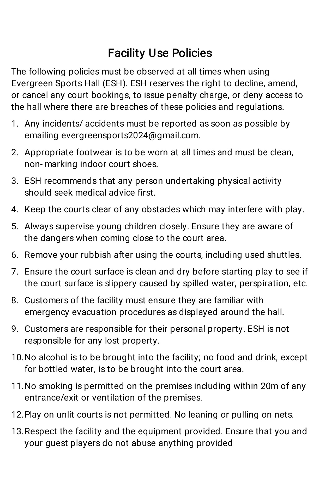 Facility Use Policies